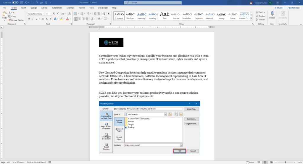 Fastest Way To Insert Hyperlinks In Ms Word New Zealand Computing Solutions